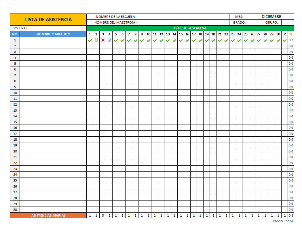 Lista de asistencia en Excel [Gratis] | didocu