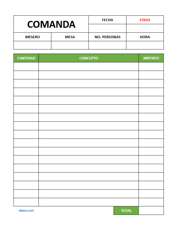Comandas para Restaurante en Word y en PDF para Imprimir
