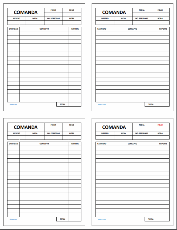 Comandas para Restaurante en Word y en PDF para Imprimir