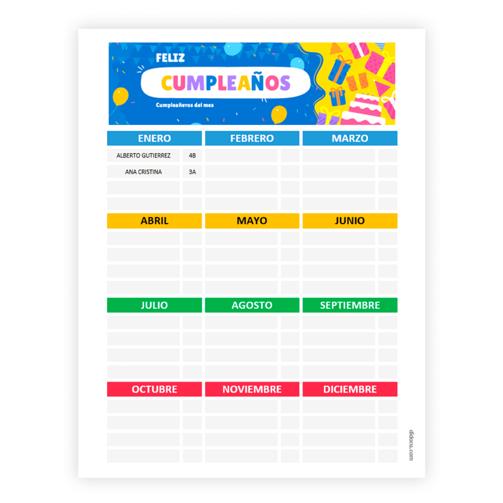 Calendario de Cumpleaños Editable y Listo para Imprimir | didocu
