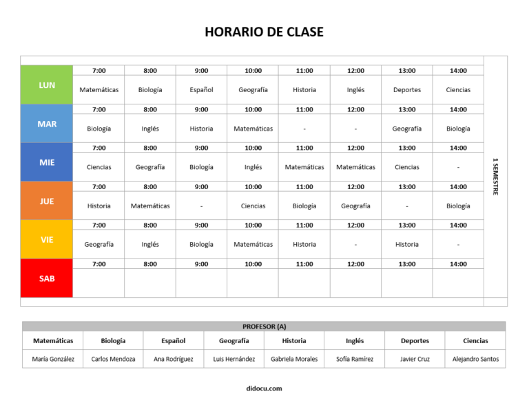 Horario de Clase Editable para Primaria Secundaria y Preparatoria | didocu