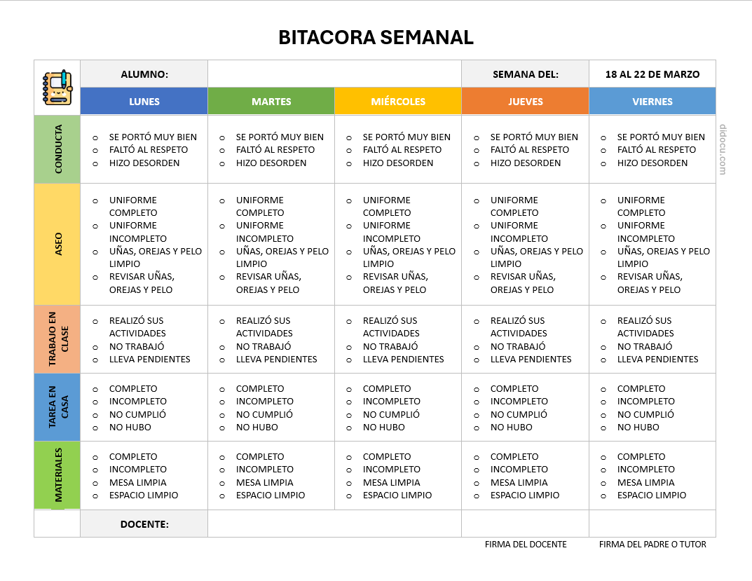 Plantilla de Bitácora Semanal en Word [GRATIS] | didocu