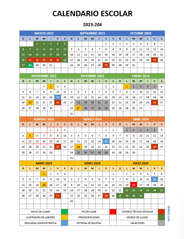 Plantilla de Calendario Escolar 2023-2024 SEP Editable y Gratis | didocu