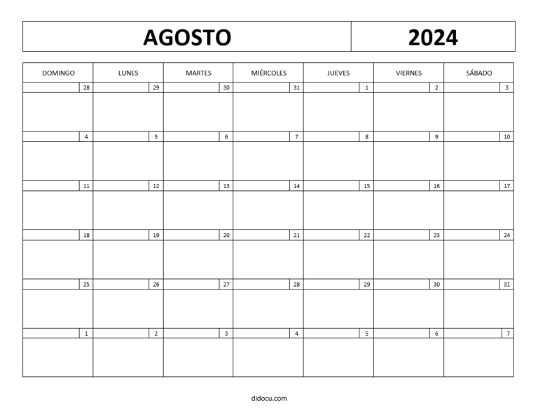 Plantilla de Calendario Agosto 2024 en Word [GRATIS] | didocu