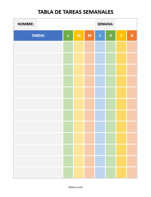Plantilla de Tabla de Tareas Semanales en Word [GRATIS] | didocu