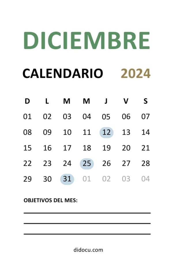 Calendarios Diciembre 2024 para Descargar e Imprimir GRATIS | didocu