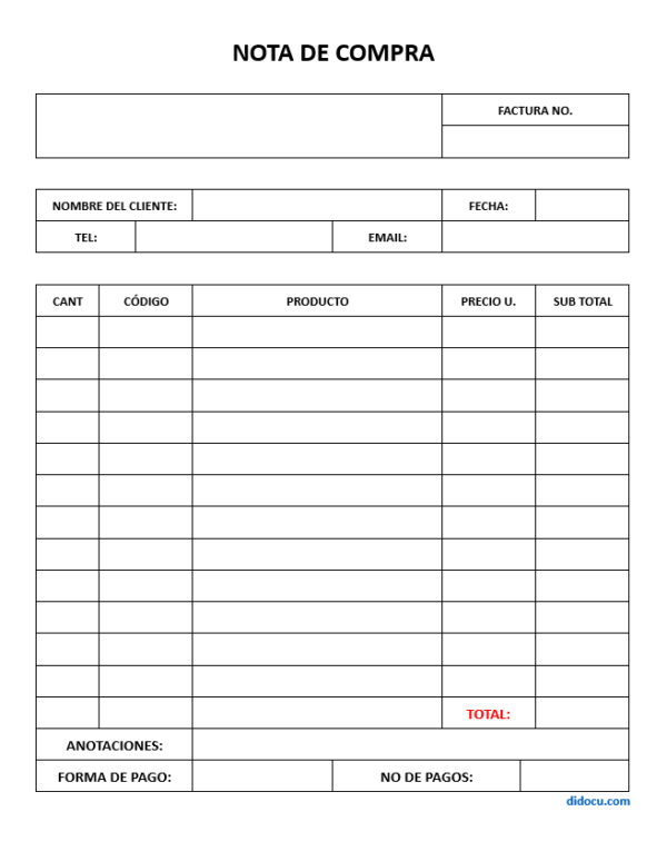 Plantilla de Nota de Compra en Word, PDF y Excel Editable [GRATIS] | didocu