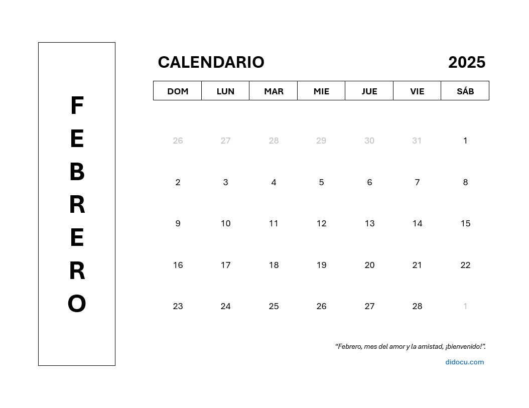 Plantilla de Calendario Febrero 2025 en Word y PDF [GRATIS] | didocu