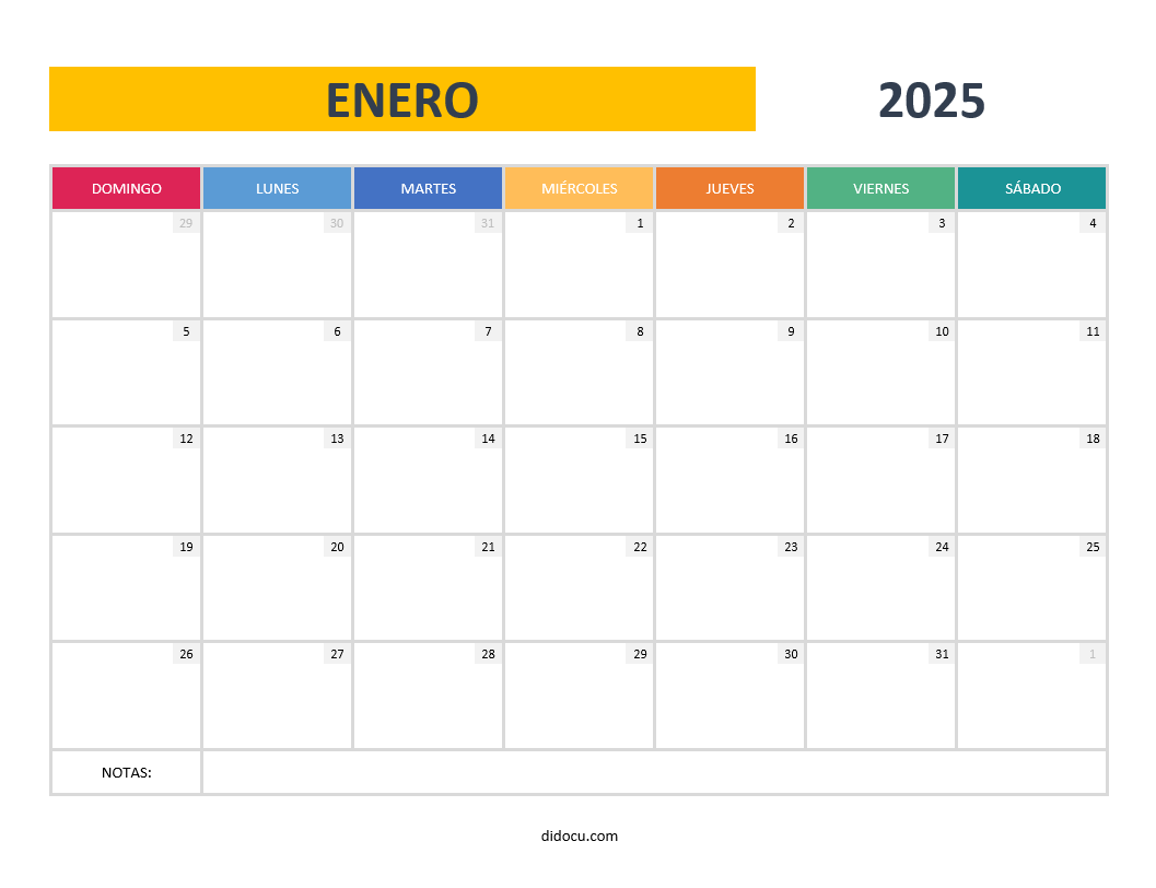 Calendario Enero 2025 en Word y PDF [GRATIS] | didocu