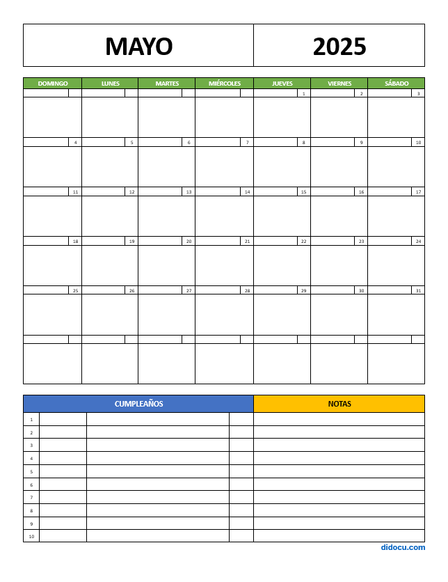 Plantilla de Calendario Vertical de Mayo 2025 en Word V3 | didocu