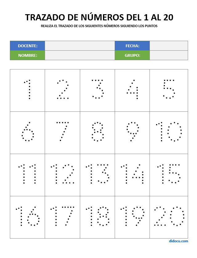 Plantilla de Trazado de Números del 1 al 20 en Word y PDF Gratis | didocu