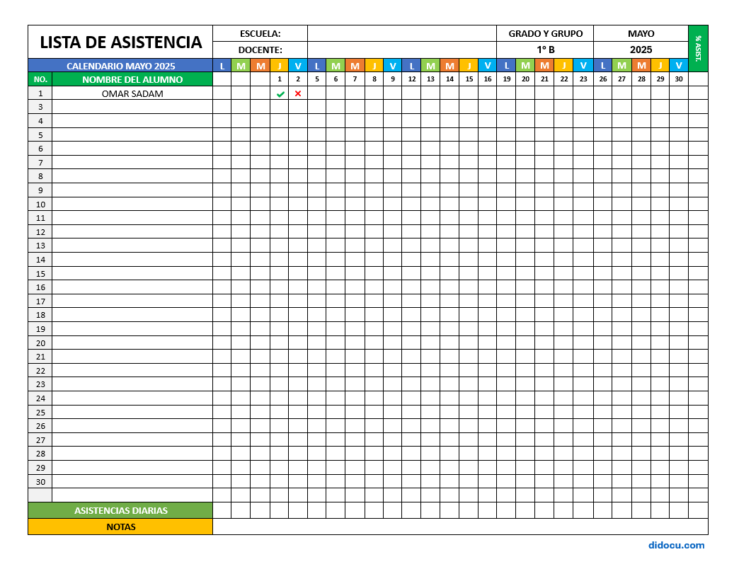 Lista de Asistencia Editable en Word para Mayo 2025 Gratis | didocu