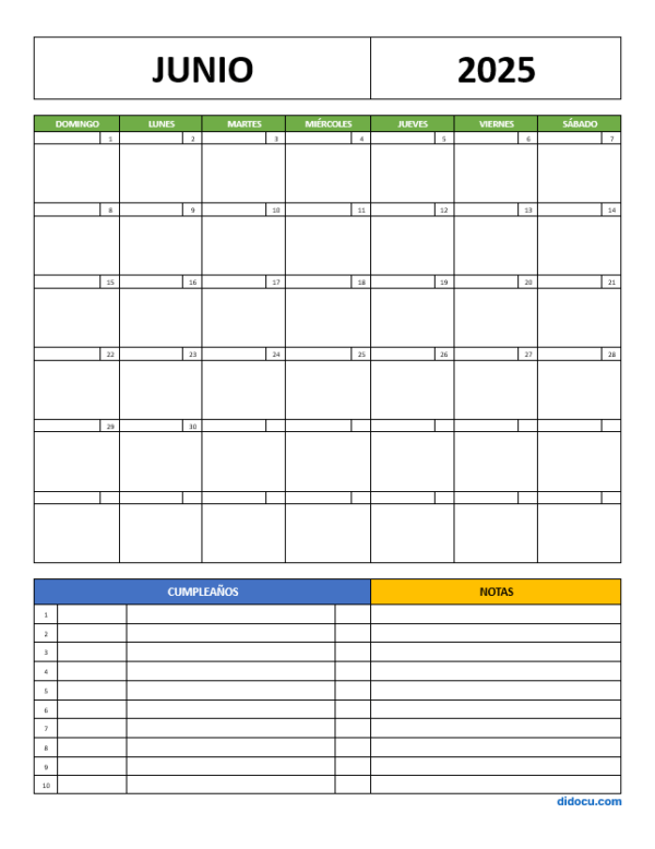 Plantilla de Calendario Vertical de Junio 2025 en Word V3 | didocu