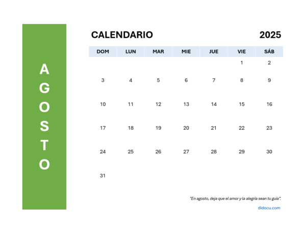Formato de Calendario de Agosto 2025 en Word y PDF [GRATIS] | didocu