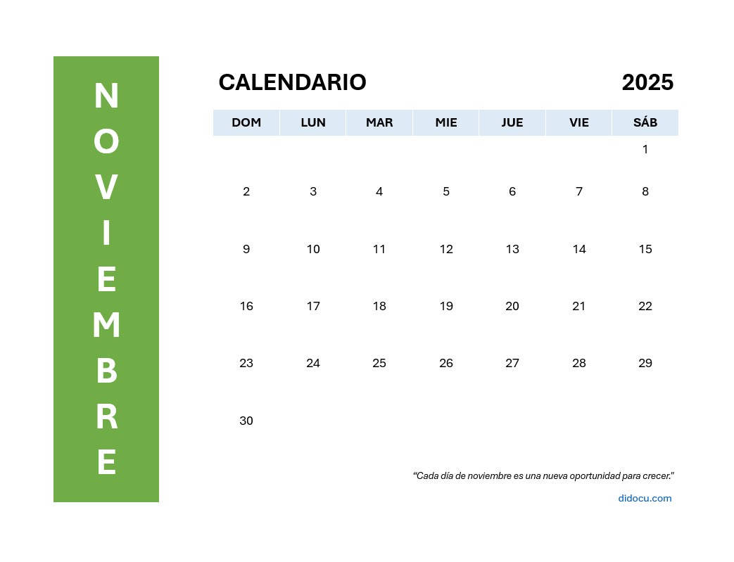Calendario de Noviembre 2025 en Word y PDF [GRATIS] | didocu