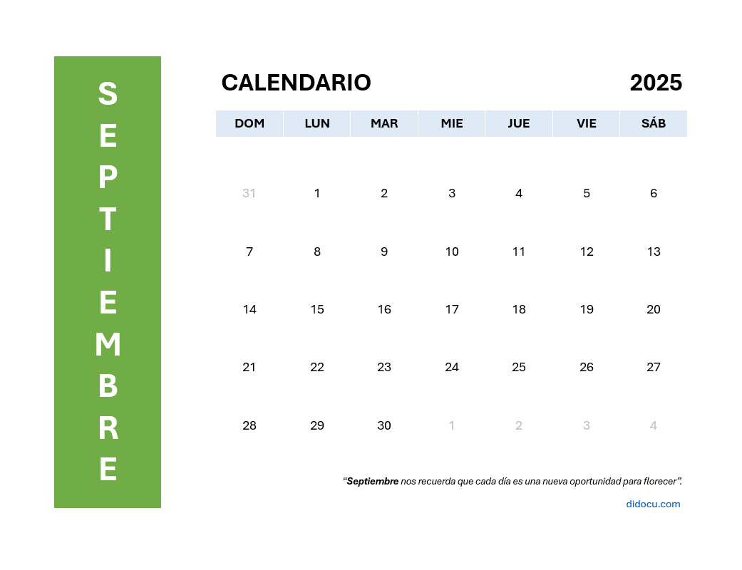 Calendario de Septiembre 2025 en Word y PDF [GRATIS] | didocu