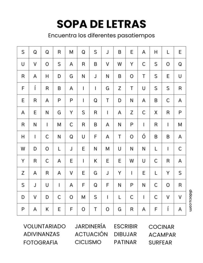 Plantilla de Sopa de Letras de Pasatiempos en PDF GRATIS | didocu